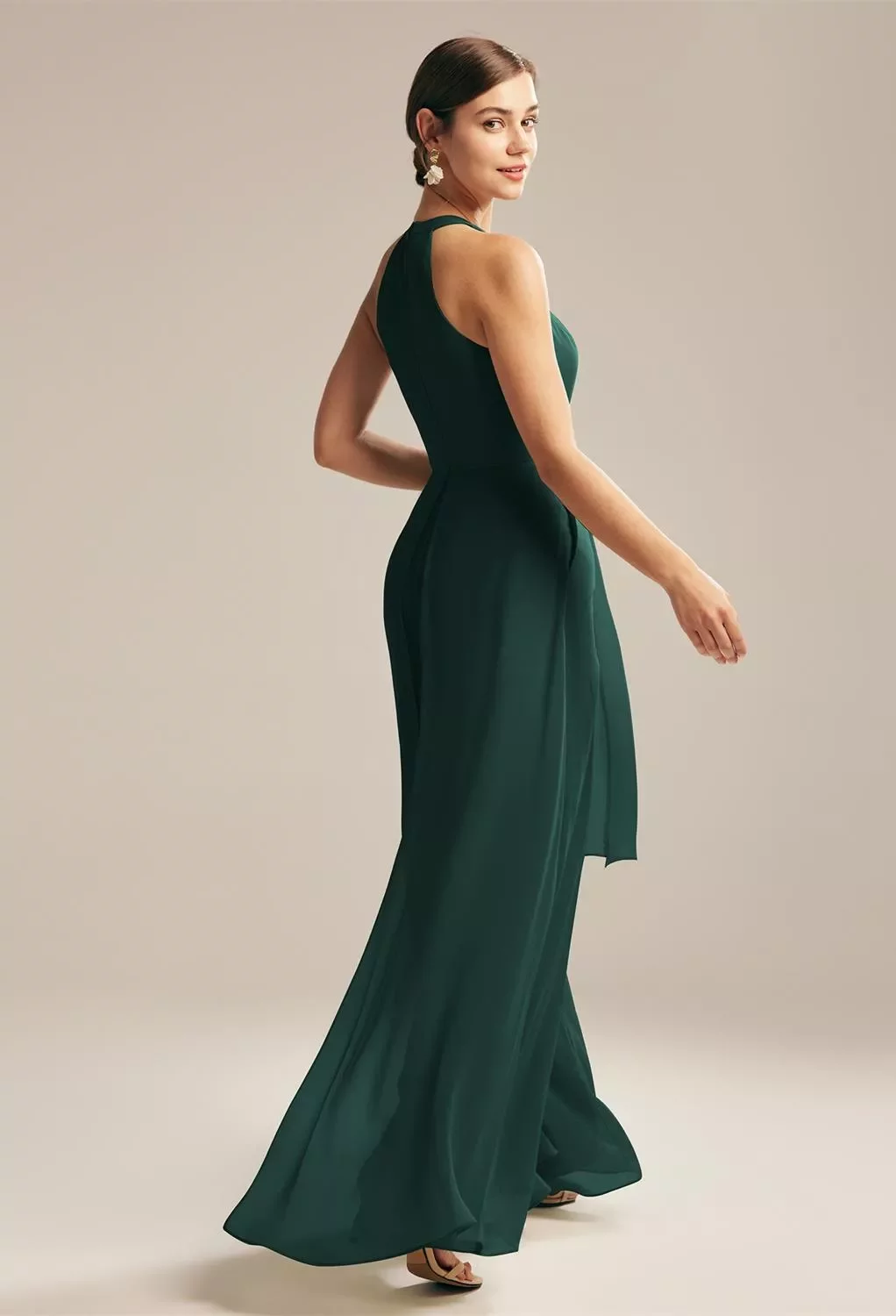 AW Dolce Jumpsuit, Dark Emerald Chiffon Floor Length Halter Neckline ...